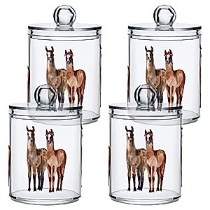 YYZZH Watercolor Alpaca Llama Couple Animal Sketch 4 Pack Qtip Holder Dispenser for Cotton Swab Ball Round Pads Floss 10 Oz Apothecary Jar Set for Bathroom Canister Storage Makeup Organizer