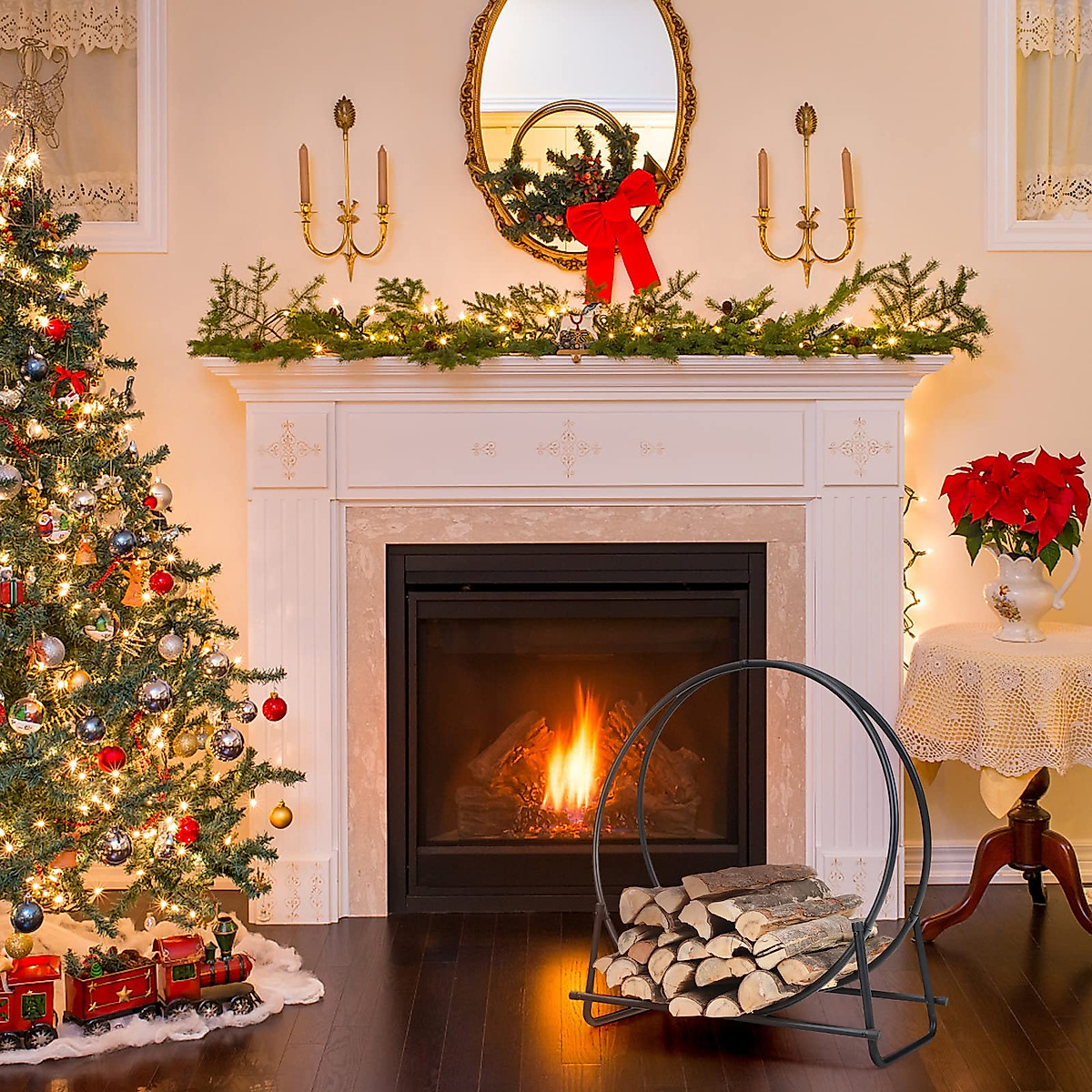 MFSTUDIO Firewood Rack Outdoor Indoor, Round Iron Fire Wood Storage Racks Heavy Duty 30 Inches Holder Log Rack Hoop, Black