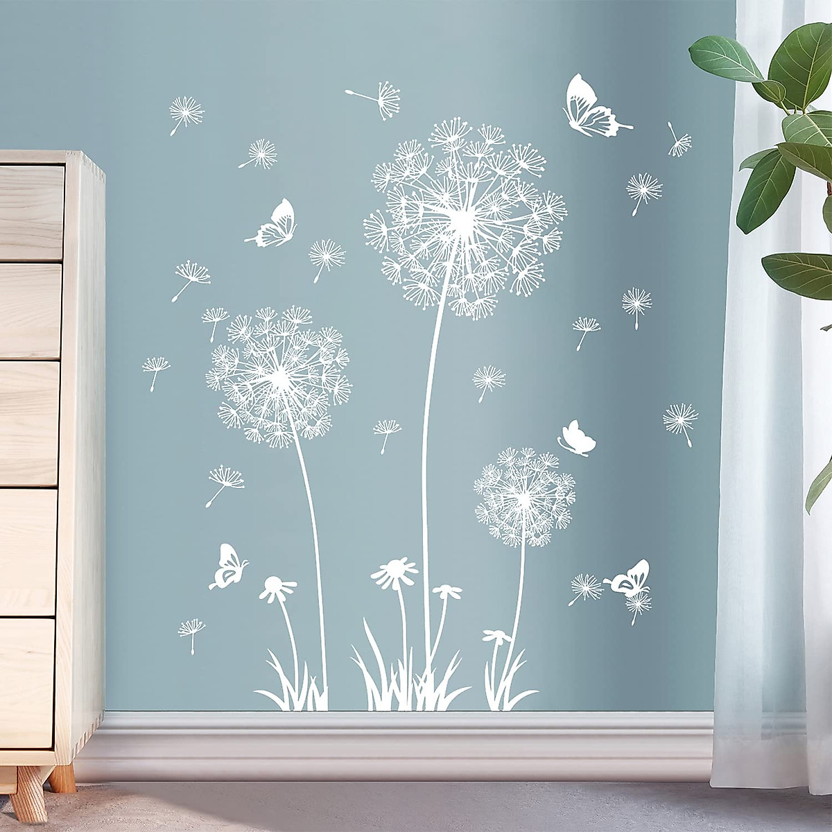 Buiory Dandelion Wall Decals Removable Flower Wall Stickers Peel and Stick Floral Butterfly Murals Dandelion Party Decoration for Bedroom Living Room Sofa Backdrop TV Dandelion Wall Decor (White)