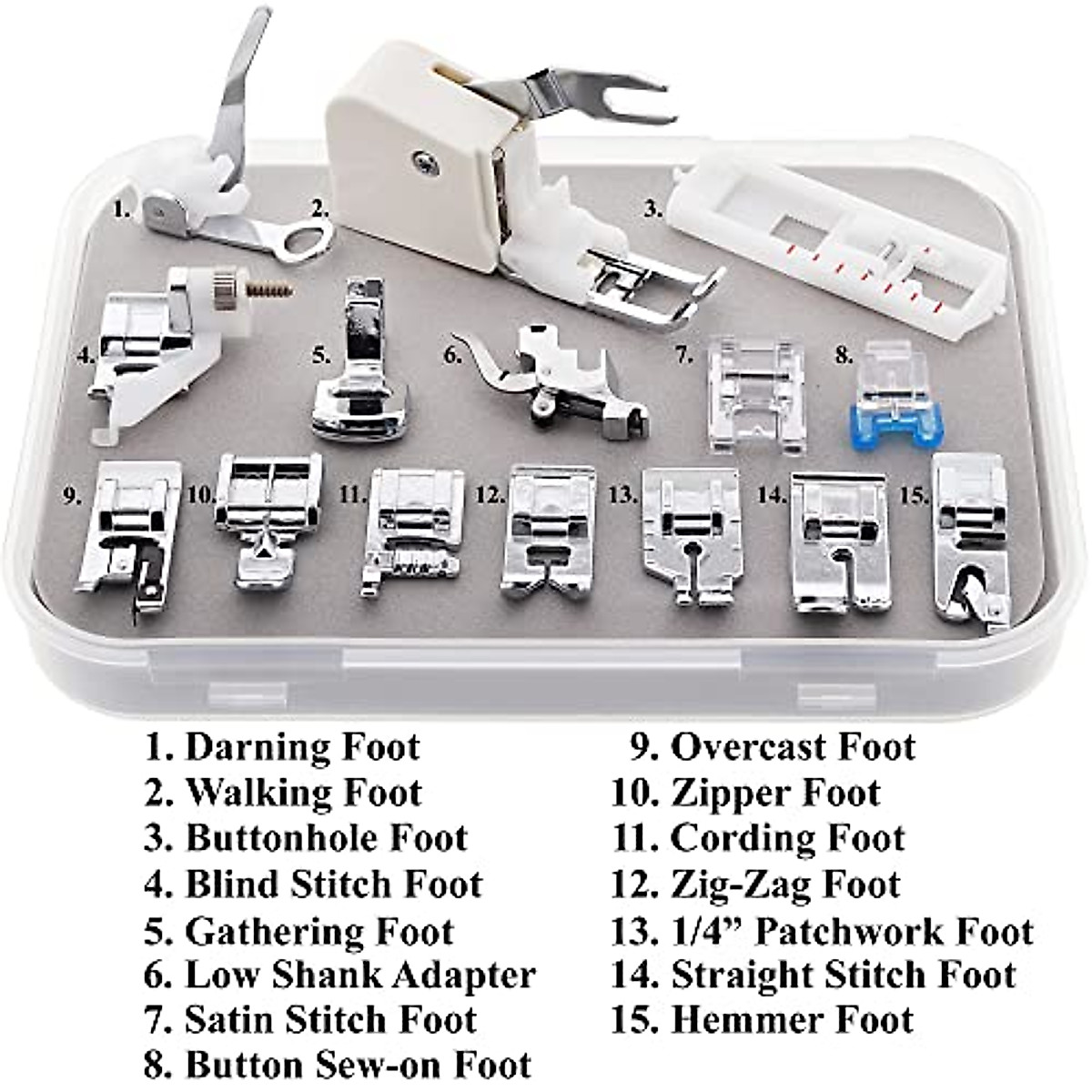 Sewable 15 Piece Presser Feet Set with Walking Foot | Fits Low Shank Sewing Machines - Brother, Janome, Singer, Baby Lock, Kenmore, and More | 14 Presser Feet, Snap On Adapter, and Storage Case