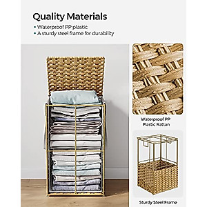 SONGMICS Laundry Hamper with Lid, 17.2 Gallon (65L) Synthetic Rattan Clothes Laundry Basket with Lid and Handles, Foldable, Removable Liner, Natural ULCB165N01