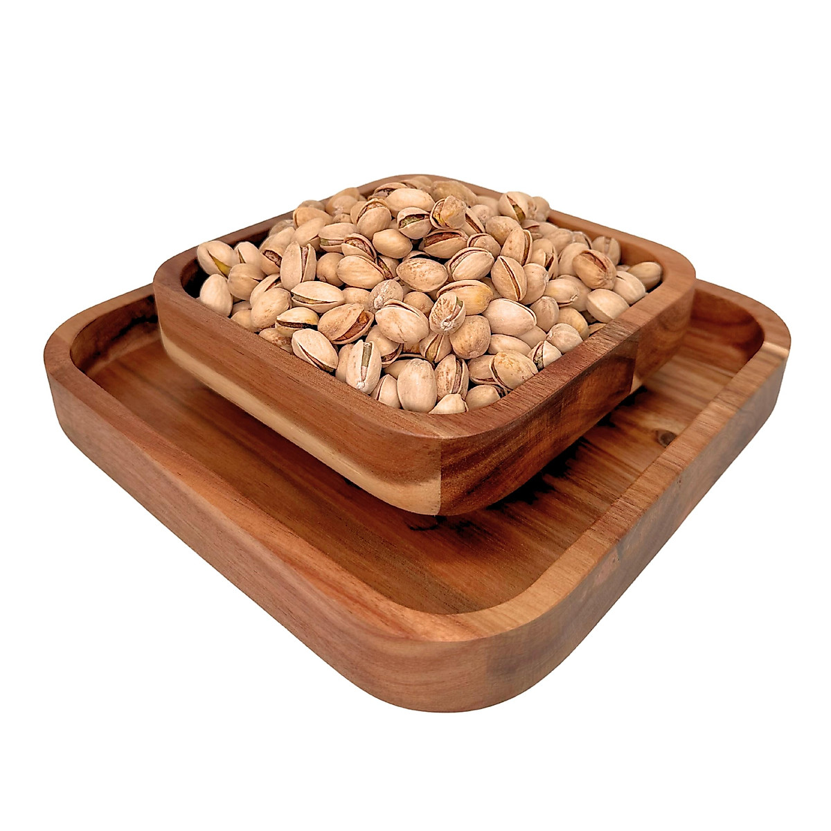 Penko Acacia Pistachio Snack Bowl Double Dish Holder Bowl Pedestal and Sunflower Seed Nut Bowl with Shell Storage