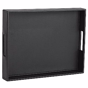 HofferRuffer Rectangle Serving Tray with Hole Handles for Coffee Table, Breakfast, Tea, Food, Butler - Countertop, Kitchen, Vanity Serve Tray, 16.2 x 12.2 x 2 inches, Faux Leather Tray (Black)