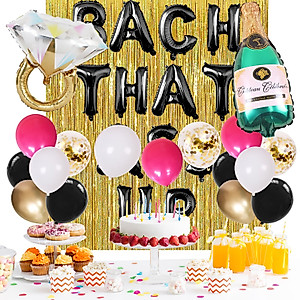 zrjssyp Bachelorette Party Decor Black and Gold - Bach That Balloon Banner, Champagne Glass Balloon, Diamond Ring Balloon, Bride To Be Sash, Tinsel Curtains for Brunch Bridal Shower Hen Party Decor