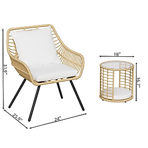 3 Piece Patio Bistro Set, Bistro Table and Chairs Set of 2 with Elevated Back Cushion, Round Glass Top Coffee Side Table, Patio Rattan Conversation Set for Balcony, Lawn, Garden, Backyard, White