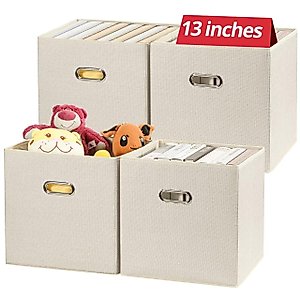 NEATJELAI Storage Cubes 13 Inches Cube Storage Organizer Bins Linen Fabric Storage Container with Metal Hallow Handles,Foldable Design for Shelves Closet Organizers and Storage, 4 Pack, Beige