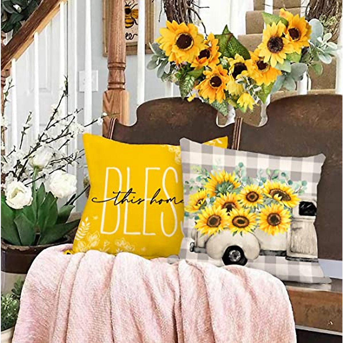 Spring Summer Pillow Covers 18x18 Set of 4 Sunflower Decorations for Farmhouse Pillows Home Sweet Home Bless This Home Decorative Throw Pillows Yellow Gray Throw Cushion Case for Home Decor TH169