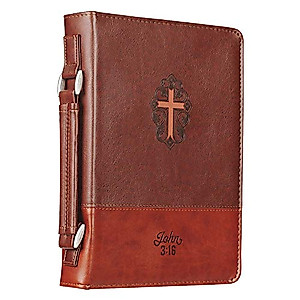 Christian Art Gifts Men's Classic Bible Cover Cross John 3:16, Brown Faux Leather, Medium