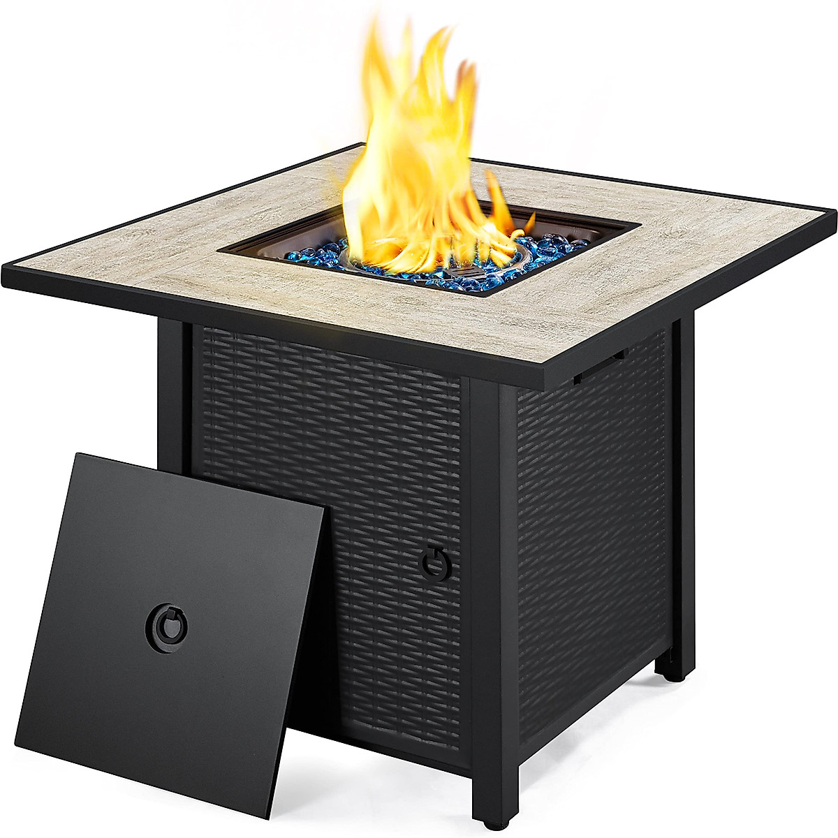 Yaheetech 30" Propane Gas Fire Pit Table 50,000 BTU Square Gas Fire Table with Ceramic Tabletop and Blue Fire Glass for Outdoor /Patio with Rattan Pattern Steel Base/Lid, Black