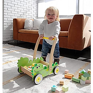 Pidoko Kids Wooden Baby Walker - Toys for 1 Year Old Boy Girl - Push Walker Toy for Babies - Includes Dinosaur Cart, 36 Pcs Building Blocks, Stacking Cups and Book - Learning Walker for Toddlers Gifts