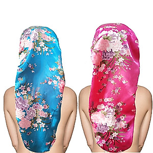2PCS Braid Bonnet for Black Women Long Satin Hair Bonnet for Sleeping Single Layer Foldable Sleep Cap with Button Teal + Rose Flower