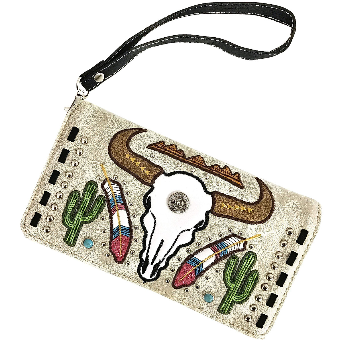 Zelris Design Native Longhorn Cow Skull Cactus Feather Color Crossbody Trifold Wallet (Turquoise)