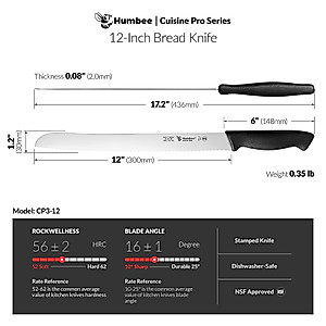 HUMBEE Cusine Pro, 12 inch Bread Knife, Serrated Knife Wave Razor-Sharp Blade Comfortable Grip Dishwasher Safe, NSF Certified,Black