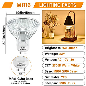 Gaormii Halogen GU10 120V 25W NP5 Replacement Bulb for Candle Warmer,Scent Wax Burner,Fragrance Melt,Warming Bulb MR16 JDR Dimmable,Warm White,4 Pack