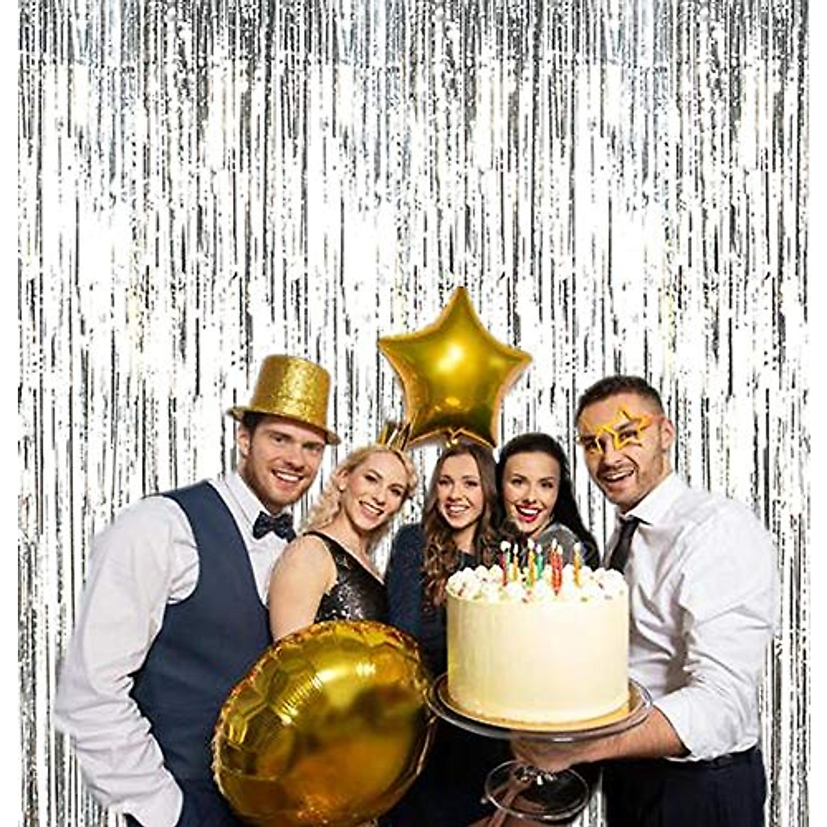 2 Pcs 3.2ft x 8.2ft Shiny Silver Metallic Tinsel Foil Fringe Curtains Photo Booth Backdrop for Birthday Wedding Holiday Celebration Bachelorette Party Decorons (Silver)