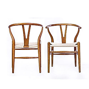 Polynices Wishbone Chair, Weave Modern Solid Wood Mid-Century Y Shaped Backrest Dining Chair Set of 2 (Chestnut)