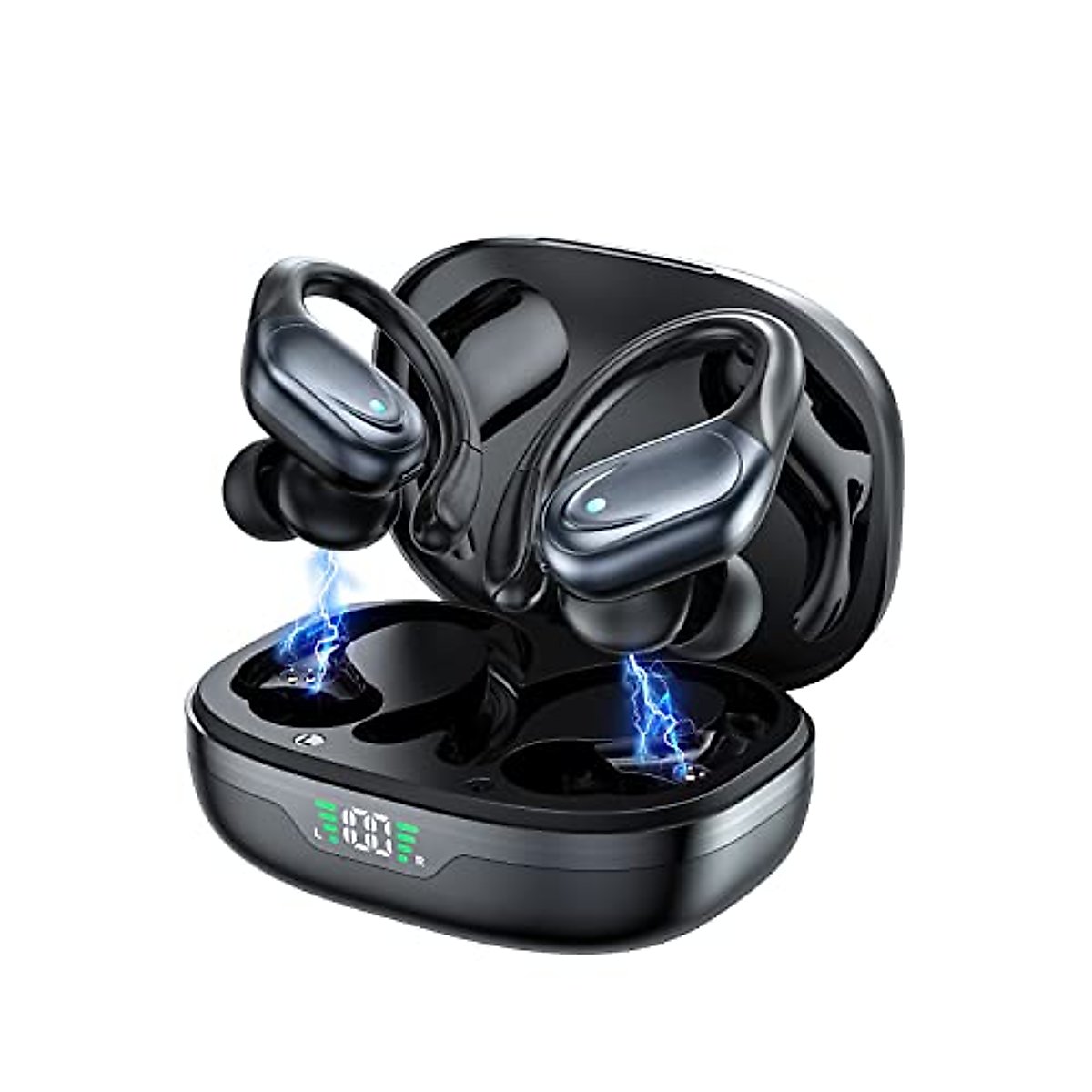 Headphones Wireless Earbuds, Bluetooth Earbuds with Earhooks 100H Playback with Charging Case and Ear Buds Wireless Bluetooth Digital Display, Built-in Noise Cancellation Mic