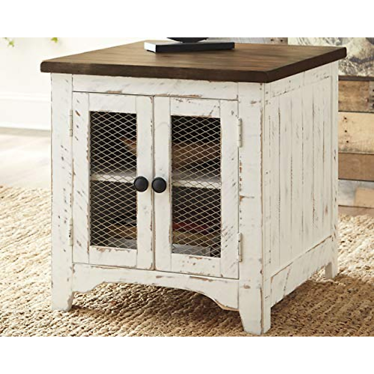 Signature Design by Ashley Wystfield Farmhouse End Table with Storage, Distressed White & Brown Finish