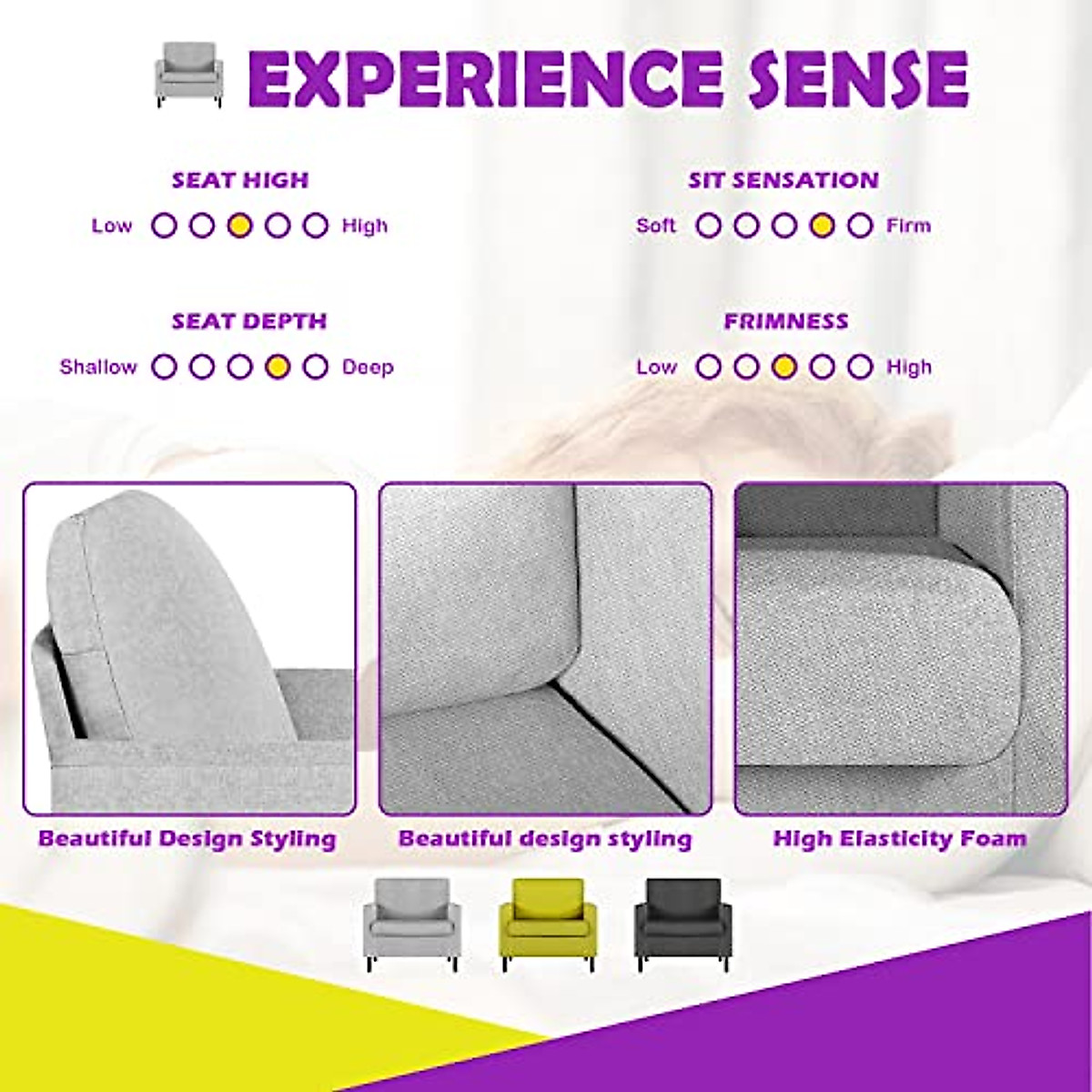 TYBOATLE Modern Upholstered Linen Fabric Accent Arm Chairs, Living Room Single Sofa Chair with Metal Legs, Comfy Reading Lounge Armchair for Small Spaces, Apartment, Bedroom, Office (Light Grey)