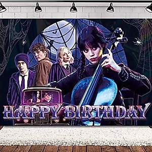 Wednesday New Addams Happy Birthday Backdrop,5x3 ft Wednesday Addams Happy Birthday Backdrop.Suitable for boys'girl Birthday Party Decoration