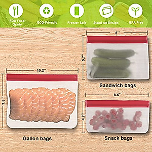 Reusable Food Storage Bags/10 Pack BPA FREE Reusable Ziploc Bags Silicone/ 4 Gallon 4 Sandwich & 2 Snack Bags, Food Grade PEVA Lunch Bags and Storage Bags for Lunch Marinate Food Travel