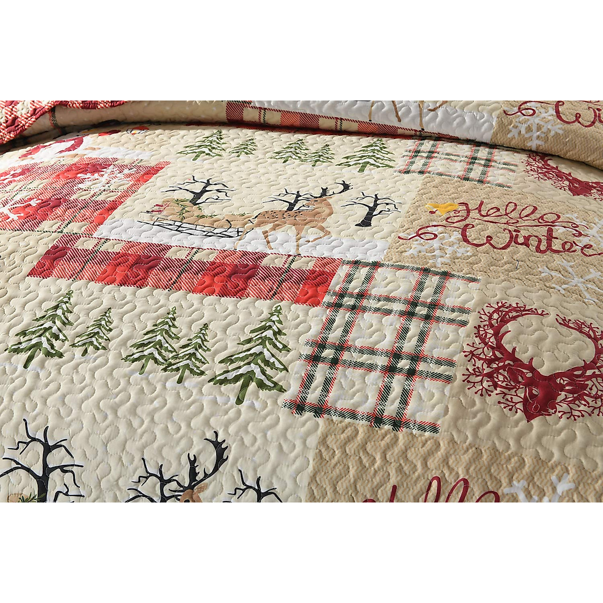 MarCielo 3 Piece Christmas Quilt Set, Rustic Lodge Deer Quilt Bedspread Throw Blanket Lightweight Bedspread Coverlet Comforter Set BY010 (King)