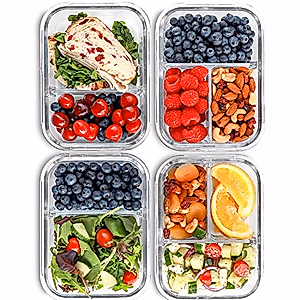 2 & 3 Compartment Glass Meal Prep Containers (4 Pack, 32 oz) - Glass Food Storage Containers with Lids, Glass Lunch Box, Glass Bento Box Lunch Containers, Portion Control, Airtight
