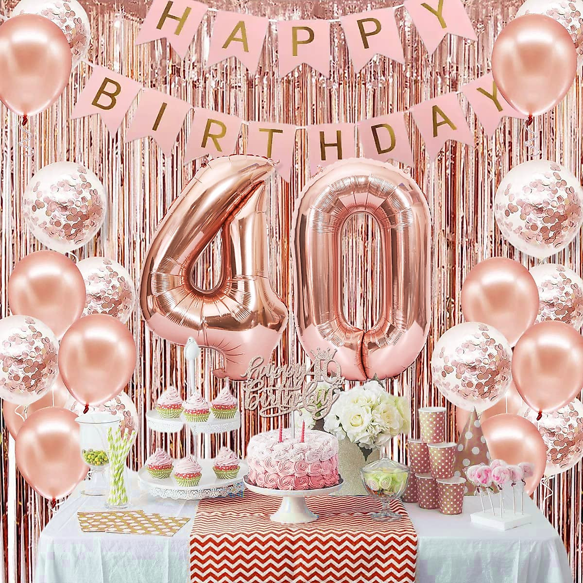 40th Birthday Decorations Women, Happy 40th Birthday Banner, Crown, Sash, Cake Topper And Number Balloon, Rose Gold 40 Birthday Party Decorations For Women