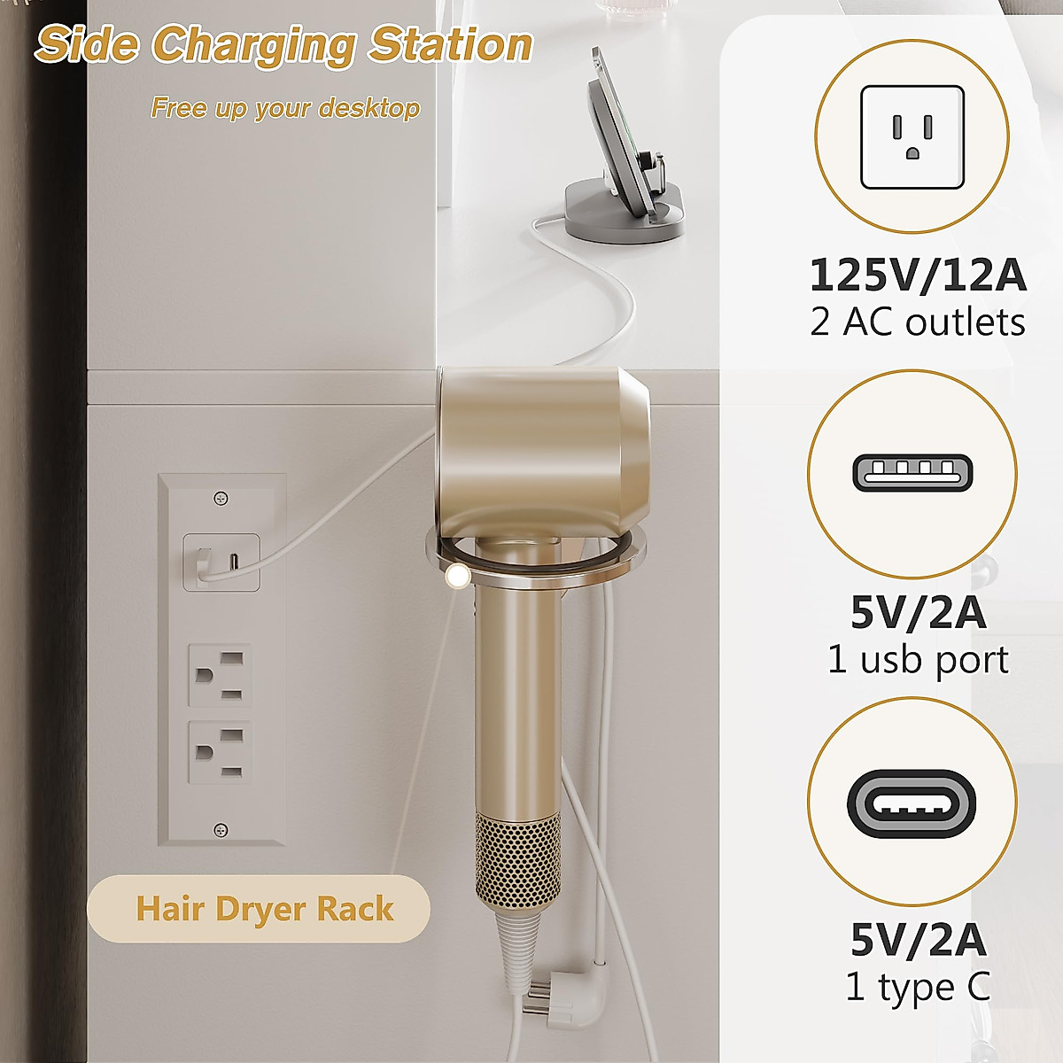 Makeup Vanity Desk with Lights and Charging Station, White Vanity Set with 5 Drawers & Stool for Girls Women Vanity Dressing Table for Bedroom, 3 Lighting Modes Adjustable Brightness