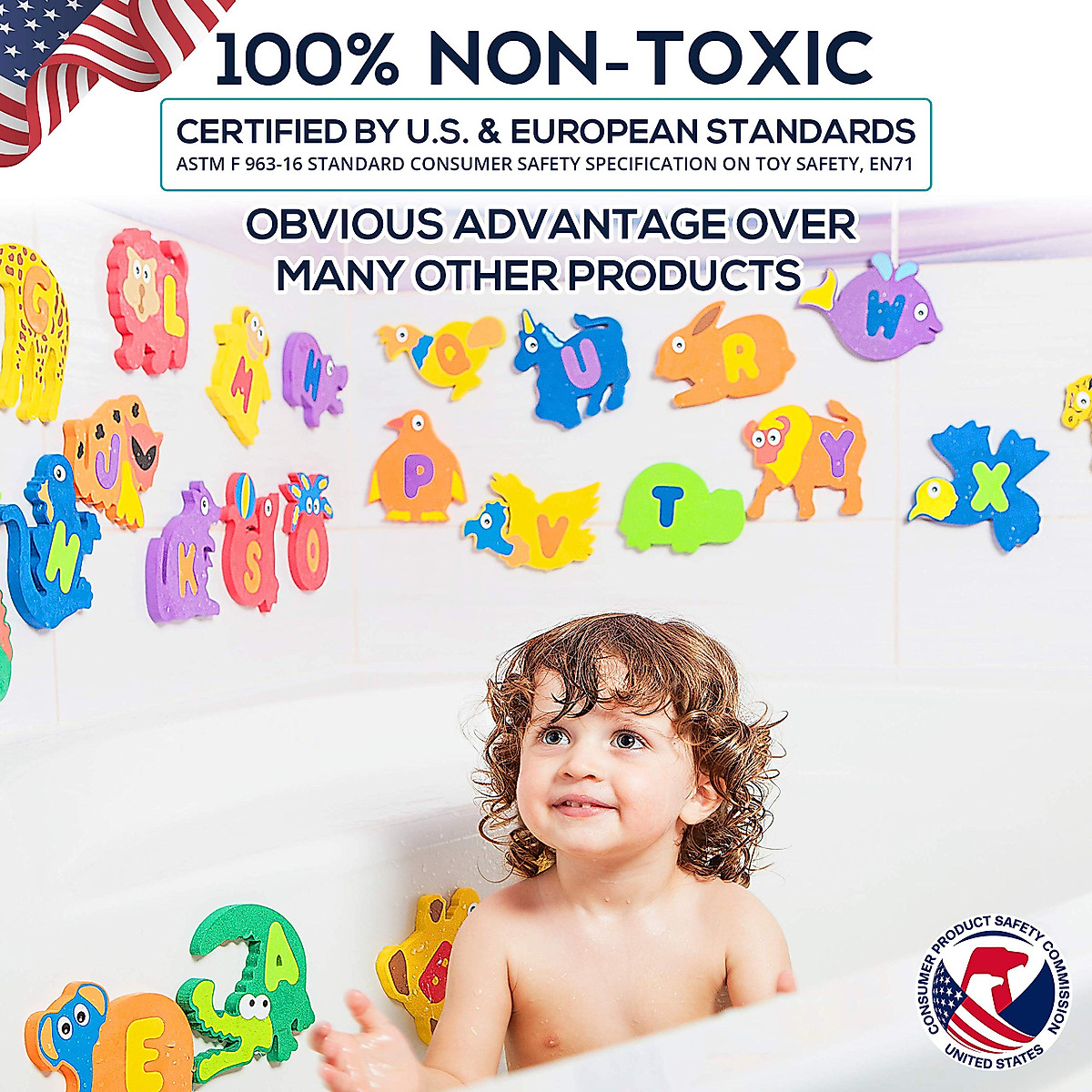 Bath Foam Alphabet Letters Toys - Non-Toxic Bathtub ABC Letters for Kids Toddlers - Premium Educational Floating Animals Puzzles with Toy Organizer for Baby Boys Girls - Set of 52 Pcs