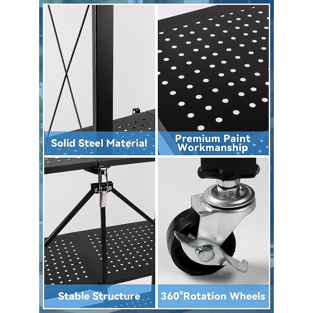 Lanstics 4 Tier Foldable Folding Shelves Heavy Duty Storage Shelving with Wheels Metal Shelf Standing Shelves Units for Home Kitchen Living Room Black