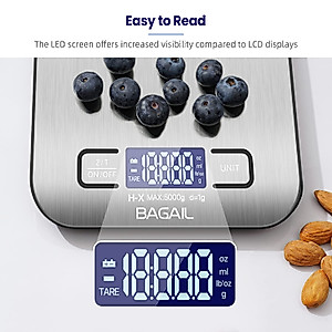 BAGAIL Digital Kitchen Scale, Premium Stainless Steel Food Scales Weight Grams and Oz for Baking and Cooking,11lb/5kg with 0.1oz/1g Precision