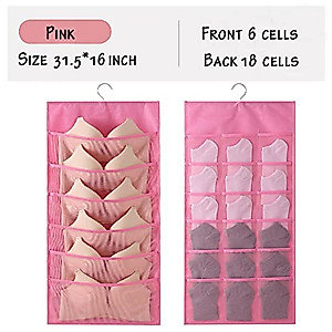 Large Bra holder Organizer Hanging Bra Storage Bra Hanger Especially suitable for sports bra, training bra, socks, baby clothes, shoe,bedroom storage,school dormitory storage(Pink, 1PCS 6+18 Grids)