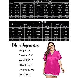 SWOMOG Plus Size Satin Pajama Set for Women Silk Satin Pj Set Short Sleeve Button Down Loungewear 2 Pcs Soft Lace Trim Nightwear Rose Red