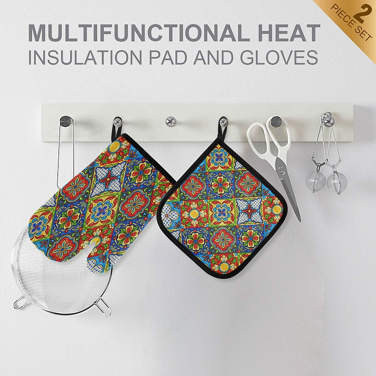 Oven Gloves Pot Holders Mexican Talavera Ceramic Tile Pattern Kitchen Soft Oven Insulation Mitts Heat Resistance Potholder Sets Safe Baking Cooking Microwave