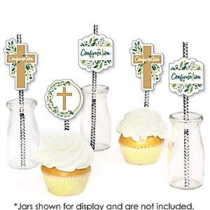 Confirmation Elegant Cross - Paper Straw Decor - Religious Party Striped Decorative Straws - Set of 24