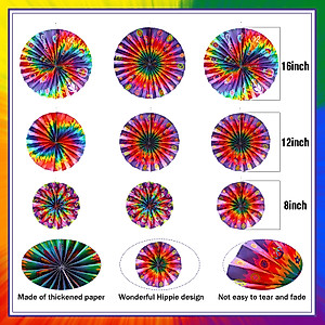 Outus 9 Pcs Tie Dye Party Supplies Groovy Hippie Hanging Paper Fans Classroom Decoration 60s Party Hanging Decoration Peace and Love Sign for Carnival Hippie Groovy Theme Birthday Party Ceiling
