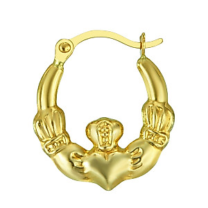 14k REAL Yellow Gold Fancy Claddagh Hoop Earrings (12 x 12mm)