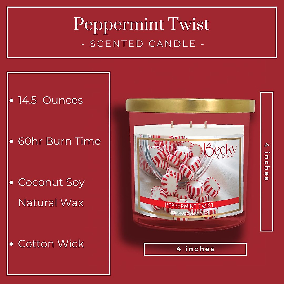 Peppermint Scented 3-wick Candle in Glass Jar | Candles for Home | 14.5oz Rustic Home Decor Novelty Candle | 60 Hour Burn Time Candle