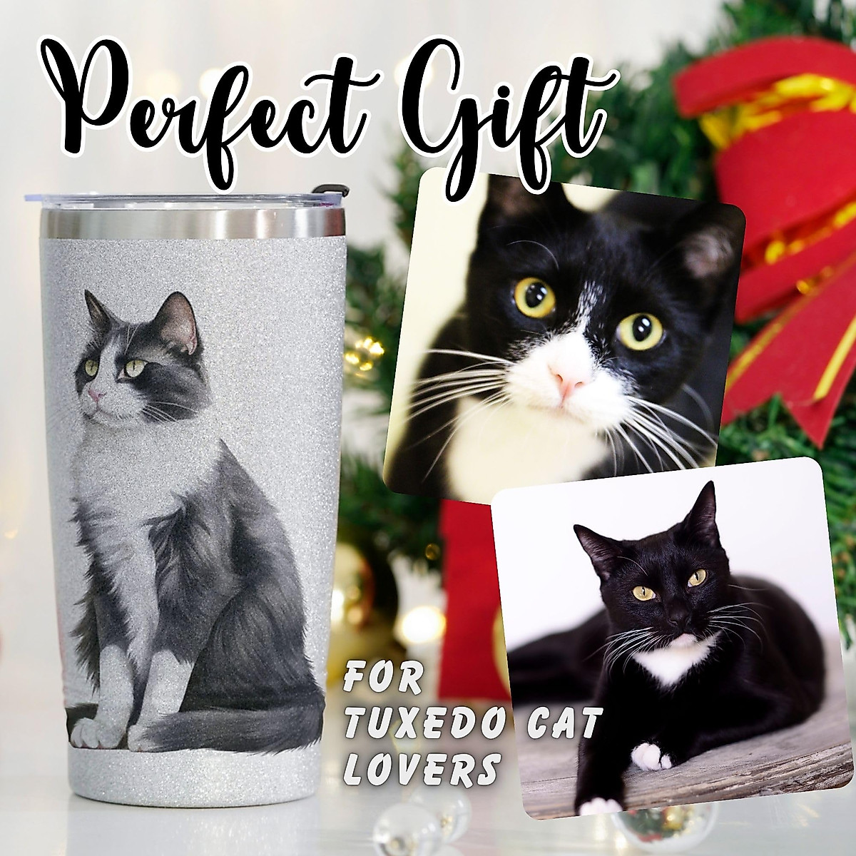 Onebttl Tuxedo Cat Gifts for Tuxedo Cat Lovers, 20 oz Insulated Stainless Steel Tumblers with Lids and Straws, Tuxedo Cat gifts for Birthday Christmas, Glitter Silver