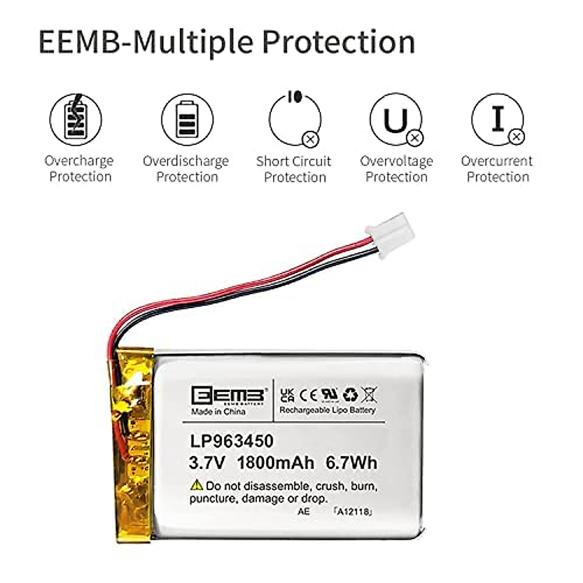 EEMB Lithium Polymer Battery 3.7V 1800mAh 963450 Lipo Rechargeable Battery Pack with Wire JST Connector for Speaker and Wireless Device- Confirm Device & Connector Polarity Before Purchase(1)