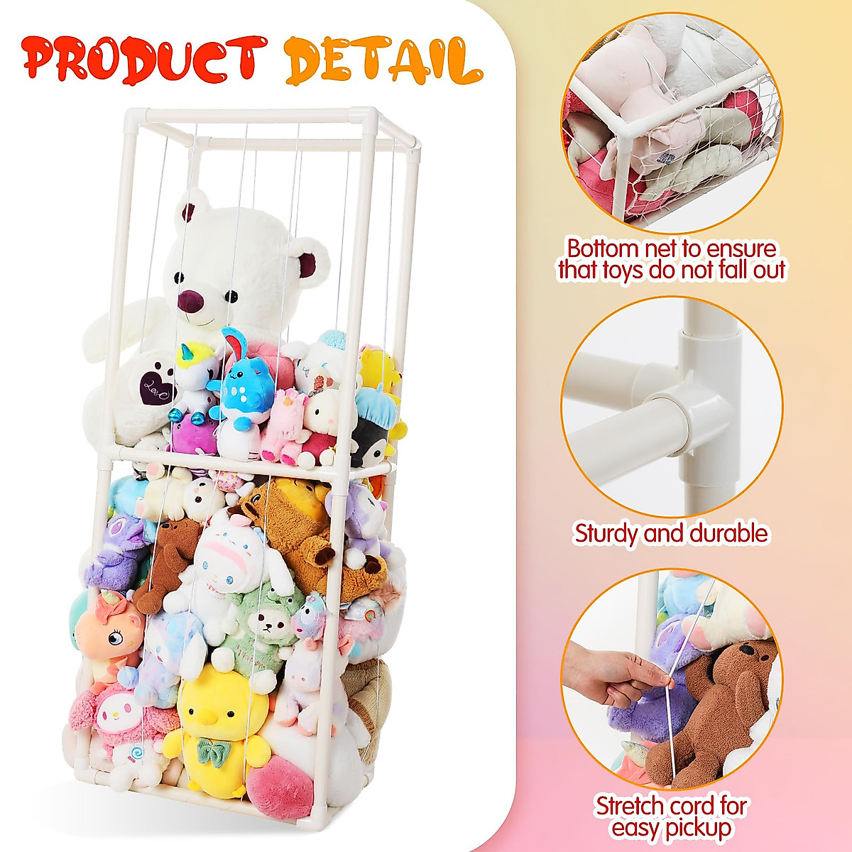 Meooeck Stuffed Animal Zoo Storage 60.6" Large Stuffed Animal Holder PVC Plush Animal Cage Organizer Shelf with Net Standing Storage Organizer Display for Kids Birthday Gift Nursery Play Room