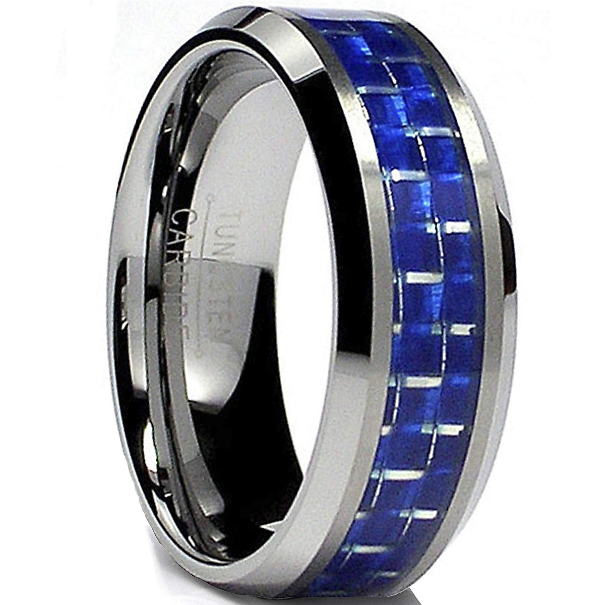 Metal Masters 8MM Flat Top Tungsten Carbide Ring Wedding Band W/Blue Carbon Fiber Inlay Size 8.5