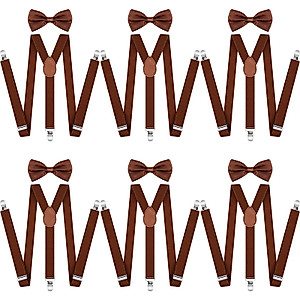 12 Pieces Men Suspender and Bow Tie Set Bulk Brown Suspenders for Men Elastic Y Back Suspenders and Bowtie Set for Groom Groomsmen Weddings Formal Casual Events