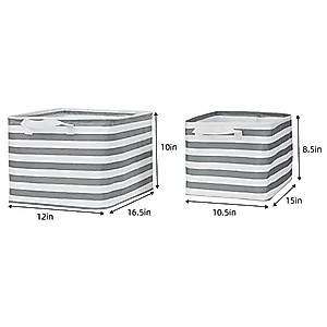 WLFRHD Storage Bin Fabric Storage Basket with Handles 15x10.5x8.5 inches Waterproof Collapsible Storage Basket for Baby Toy Foldable Clothes Basket(Gray and White Stripes,Large 2-Pack)