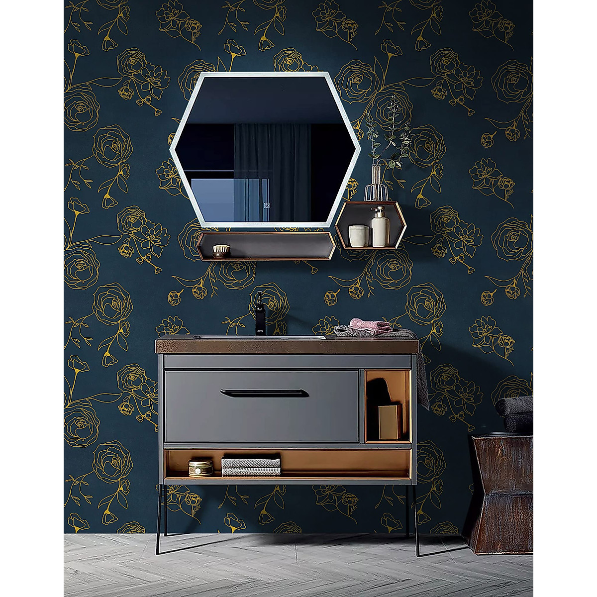 118"x17.3" Peel and Stick Wallpaper Gold and Blue Contact Paper Dark Blue Wallpaper Removable Wallpaper Floral Contact Paper for Walls Covering Vinyl Rolls