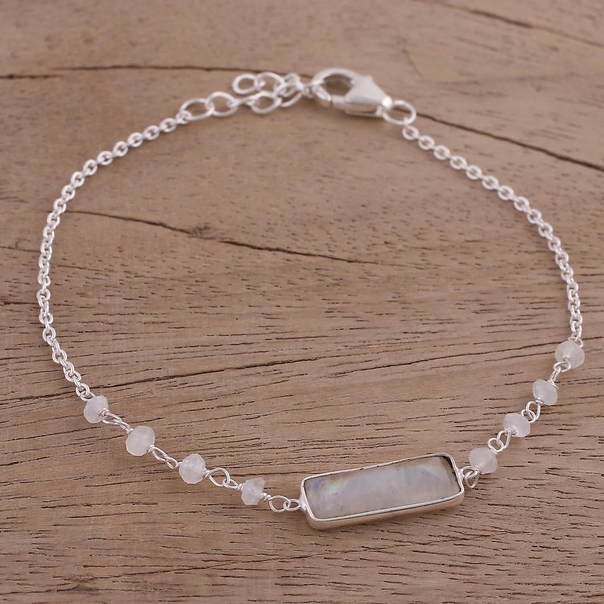 NOVICA Artisan Handmade Rainbow Moonstone Pendant Bracelet Beaded from India Sterling Silver Clear [7.25 in min L x 8 in max L x 0.2 in W 1 mm W Pendant(s) 6.25 in L x 2.4 in W x 0.1 in D] '