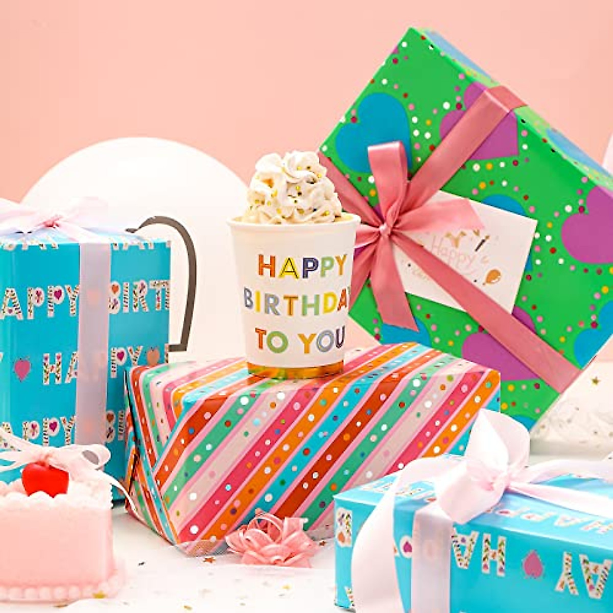 LeZakaa Birthday Wrapping Paper Roll - Mini Roll - Happy Birthday Lettering/Heart/Stripe Design for Boy, Kids Gift Wrapping - 17 x 120 inches, 3 Rolls (42.5 sq.ft.ttl.)