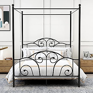 ZIRUWU Metal Four Post Canopy Bed Frame Queen Size with Headboard and Footboard,No Box Spring Needed,Black