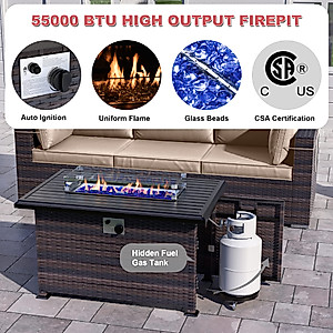 Delnavik Patio Furniture Sectional Sofa 10-Pieces PE Rattan Patio Conversation Set w/43in Gas Fire Pit Table, Outdoor Furniture with 55000 BTU Propane Fire Pit, Sand